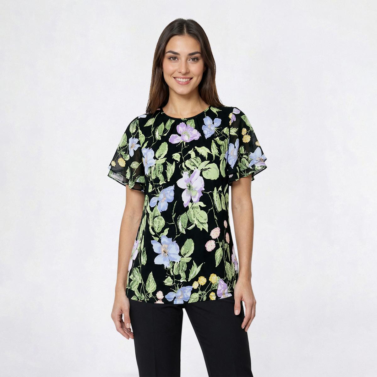 Kasper Plus Size Floral-Print Flutter-Sleeve Top - Black Multi